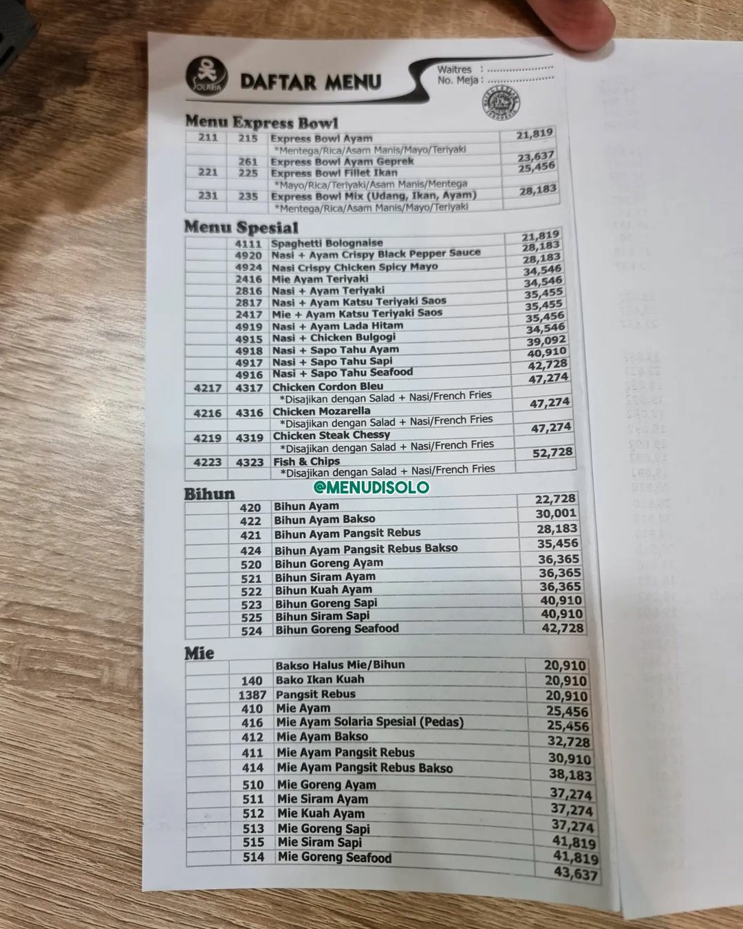 Buku Harga Menu Solaria Solo Square - Buku Menu di Solo Terbaru