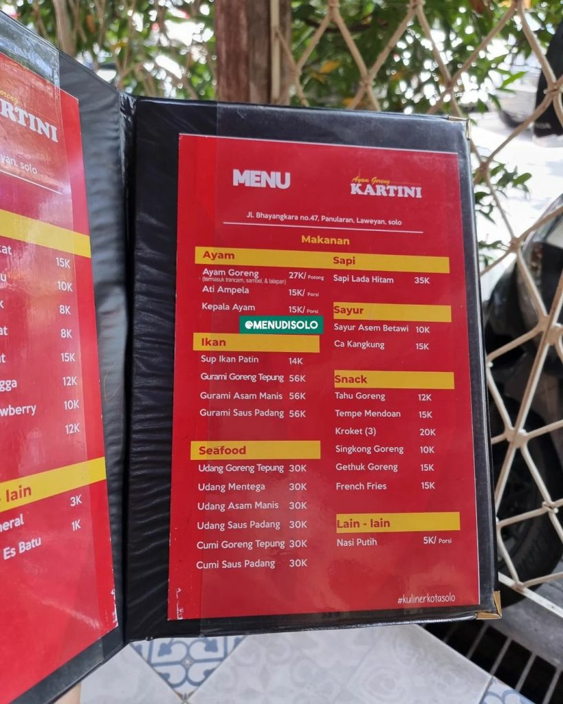 Buku Harga Menu Ayam Goreng Kartini Kota Solo - Buku Menu di Solo Terbaru