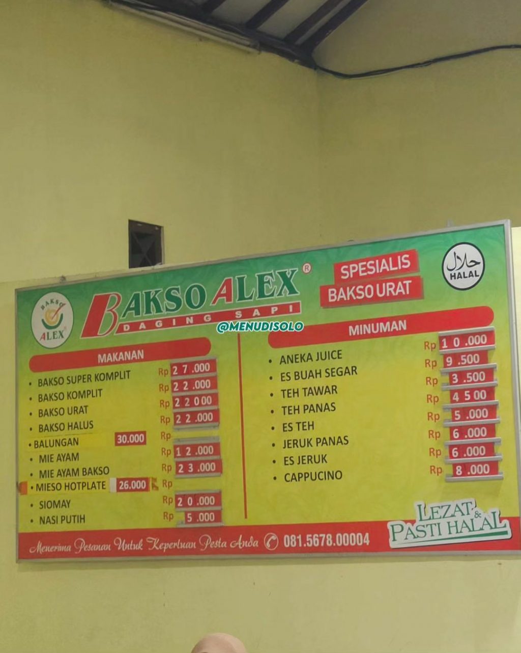 Buku Harga Menu Bakso Alex Colomadu - Buku Menu di Solo Terbaru