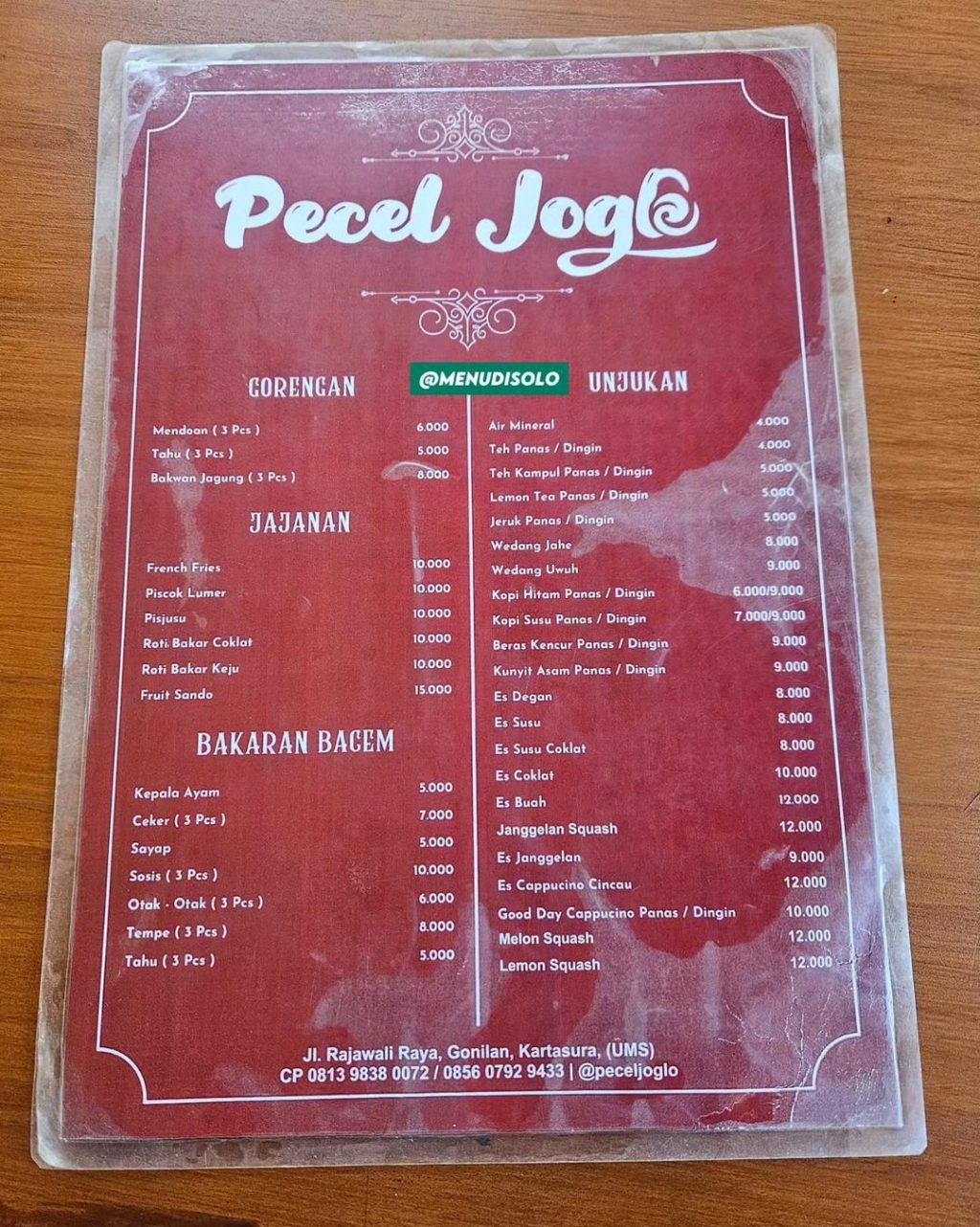 Buku Harga Menu Pecel Joglo Gonilan UMS Solo - Buku Menu di Solo Terbaru