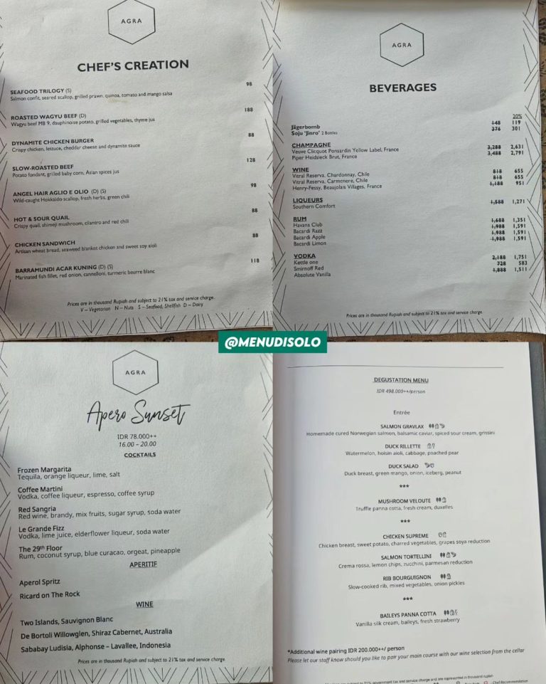 Buku Harga Menu Agra Rooftop Hotel Alila Solo - Buku Menu di Solo Terbaru