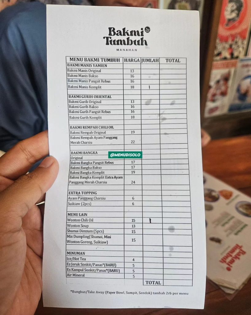 Buku Harga Menu Bakmi Tumbuh Manahan Solo - Buku Menu di Solo Terbaru