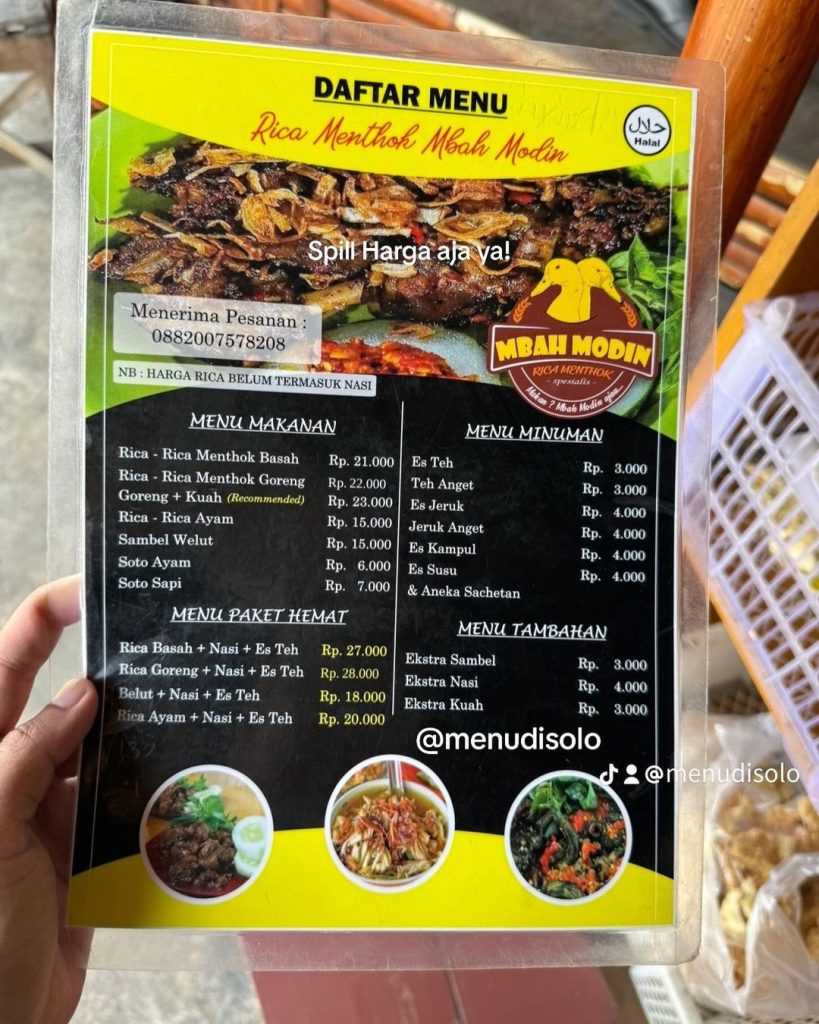 Buku Harga Menu Rica Menthok Mbah Modin Karanganyar - Buku Menu di Solo ...