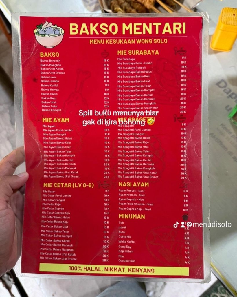 Buku Harga Menu Bakso Mentari Mangkubumen Solo - Buku Menu di Solo Terbaru