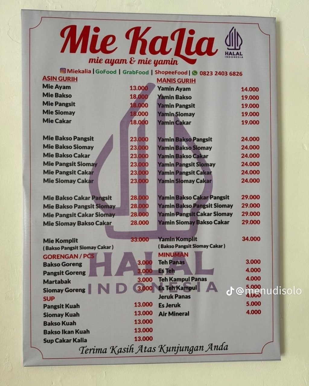 Buku Harga Menu Mie Kalia Cabang Kota Solo Mie Pedas Enak - Buku Menu ...